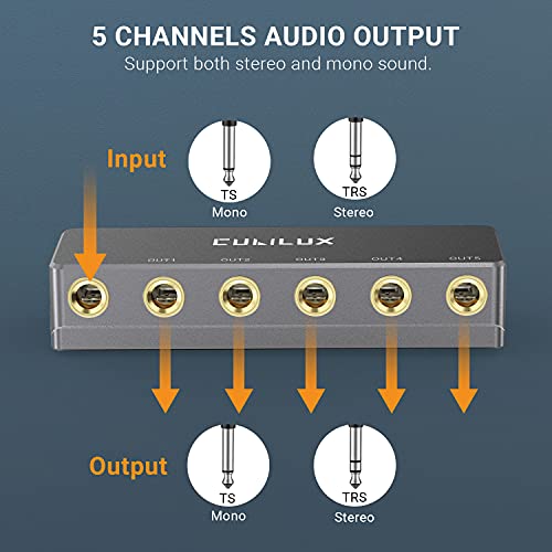 Cubilux 5-Way Quarter Inch Signal Splitter, Passive 1/4” Audio Splitter, 6.35mm Multiport Aux Splitter Box for Instruments, Bass Guitar, Keyboard, Headphones, Studio Monitor, Speaker, Amplifier