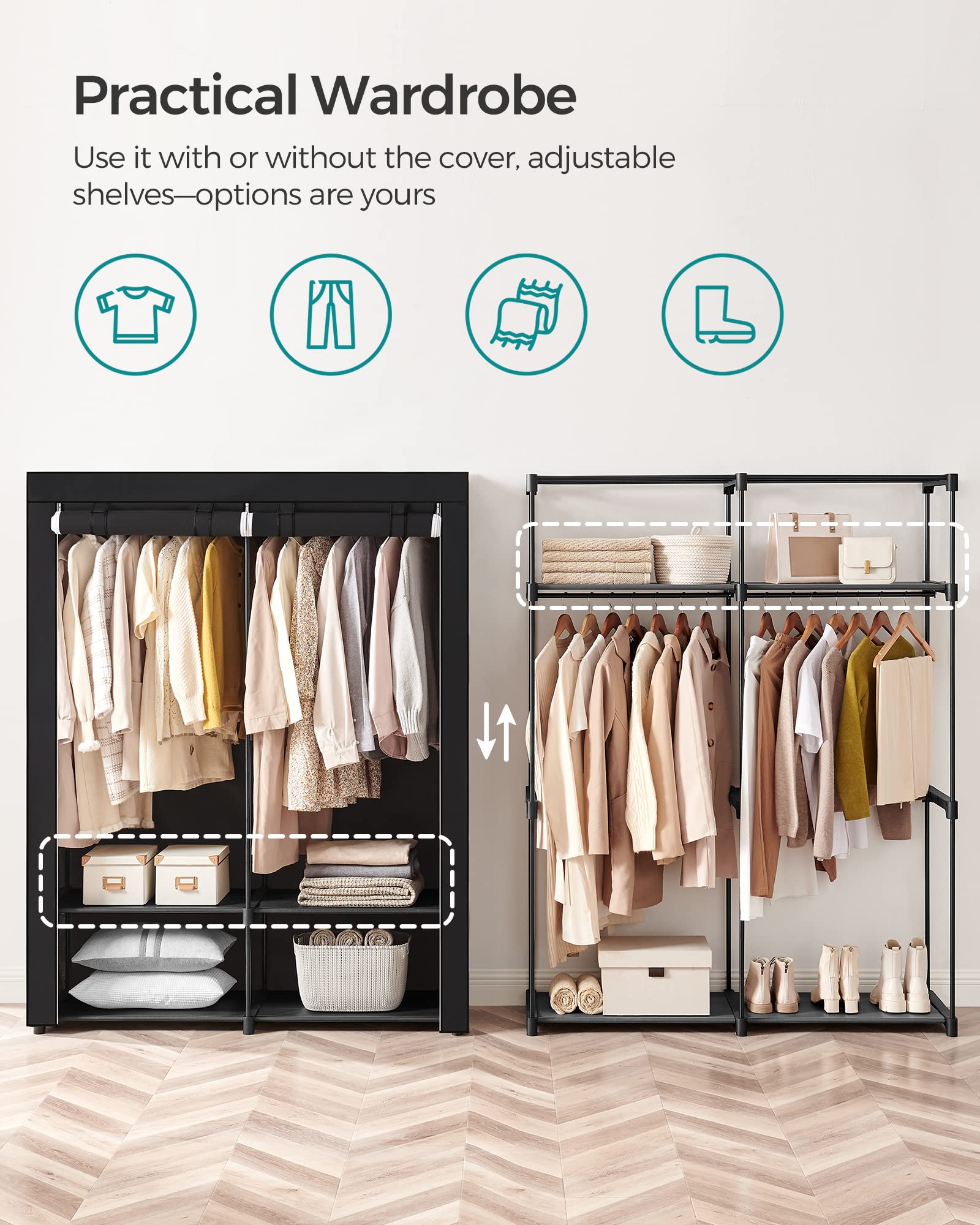 SONGMICS Closet Wardrobe, Portable Closet for Bedroom, Clothes Rail with Non-Woven Fabric Cover, Clothes Storage Organizer, 55.1 x 16.9 x 68.5 Inches, Black URYG02BK