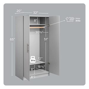 Prepac Elite 32" Storage Cabinet Closet, Light Gray Storage Cabinet, Linen Cabinet, Wardrobe Cabinet with Hanging Rail and Shelves 20" D x 32" W x 35" H, GEW-3264