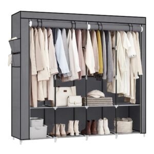 songmics portable closet, wardrobe closet organizer with cover, 4 hanging rods and shelves, 4 side pockets, 66.9 x 17.7 x 65.7 inches, large capacity for bedroom, living room, gray uryg094g02