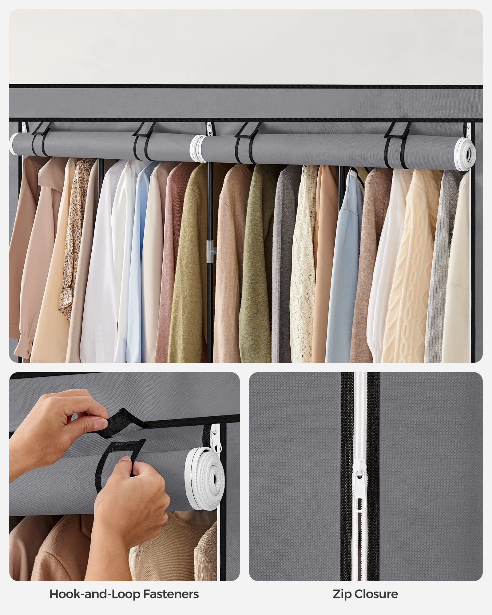 SONGMICS Portable Closet, Wardrobe Closet Organizer with Cover, 4 Hanging Rods and Shelves, 4 Side Pockets, 66.9 x 17.7 x 65.7 Inches, Large Capacity for Bedroom, Living Room, Gray URYG094G02