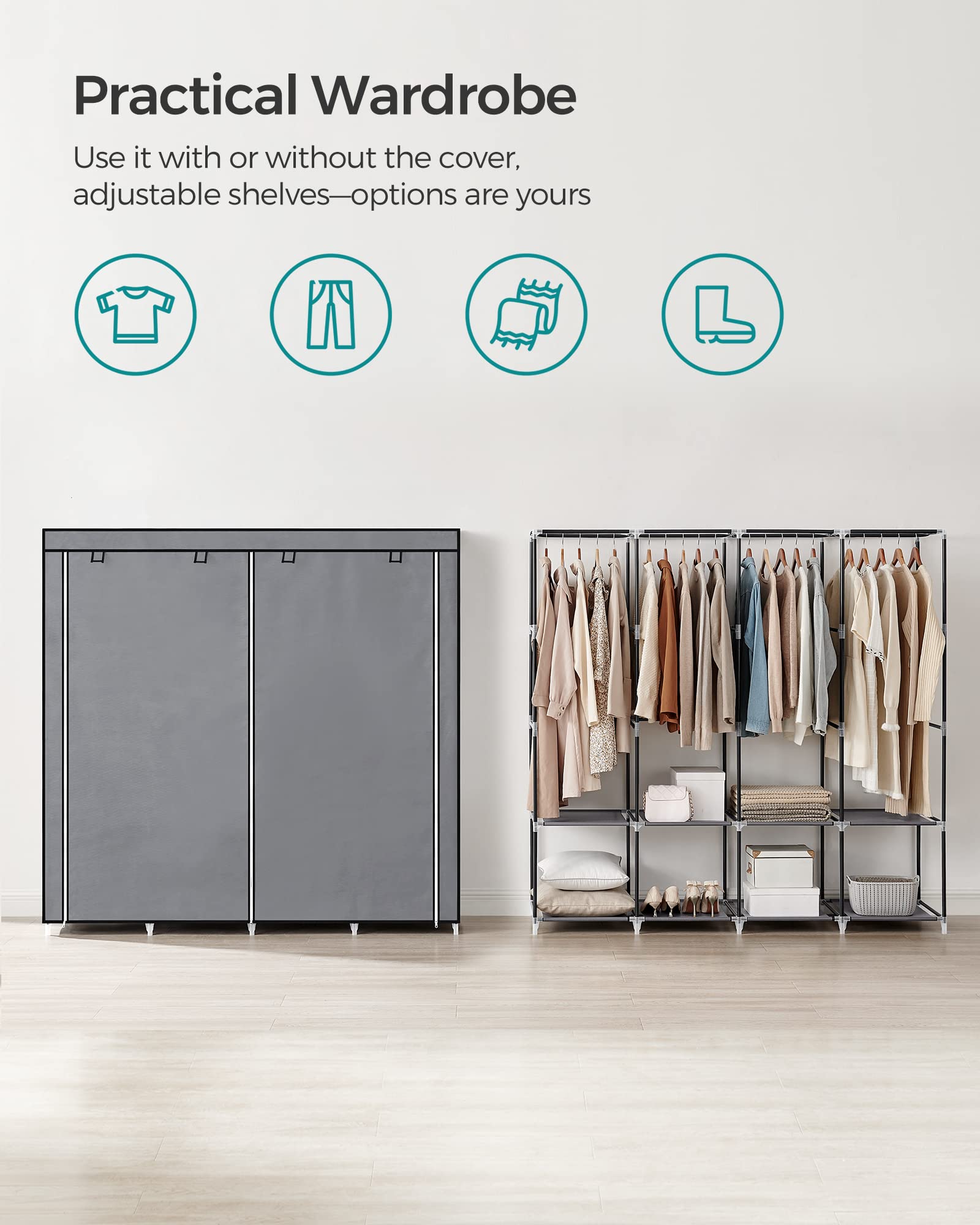 SONGMICS Portable Closet, Wardrobe Closet Organizer with Cover, 4 Hanging Rods and Shelves, 4 Side Pockets, 66.9 x 17.7 x 65.7 Inches, Large Capacity for Bedroom, Living Room, Gray URYG094G02