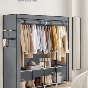 SONGMICS Portable Closet, Wardrobe Closet Organizer with Cover, 4 Hanging Rods and Shelves, 4 Side Pockets, 66.9 x 17.7 x 65.7 Inches, Large Capacity for Bedroom, Living Room, Gray URYG094G02