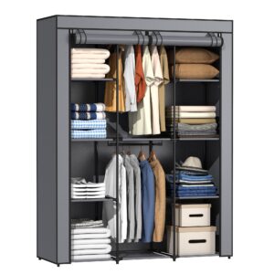 hodyann portable closet, wardrobe closet with 10 storage shelves and 2 hanging rods, non-woven fabric cover, 52.4 x 18.1 x 66.6 inches closet organizer for bedroom, gray