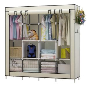 udear portable closet large wardrobe closet clothes organizer with 6 storage shelves, 4 hanging sections 4 side pockets,beige