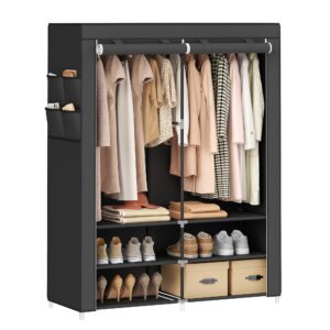 songmics portable closet wardrobe with shoe rack and cover, closet storage organizer, 2 hanging rods, shelves, and 4 side pockets, 50 x 17.7 x 69.3 inches, spacious for bedroom, black uryg008b02