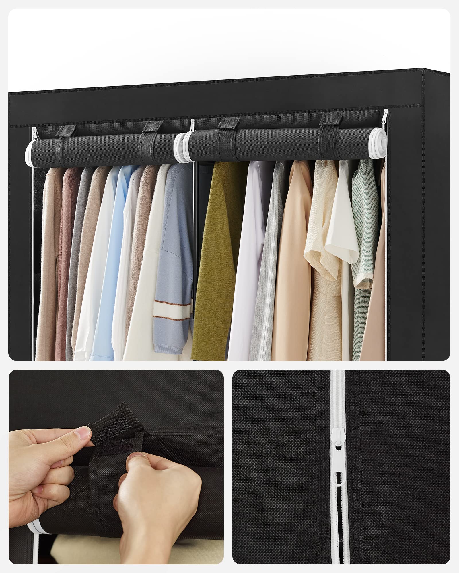 SONGMICS Portable Closet Wardrobe with Shoe Rack and Cover, Closet Storage Organizer, 2 Hanging Rods, Shelves, and 4 Side Pockets, 50 x 17.7 x 69.3 Inches, Spacious for Bedroom, Black URYG008B02