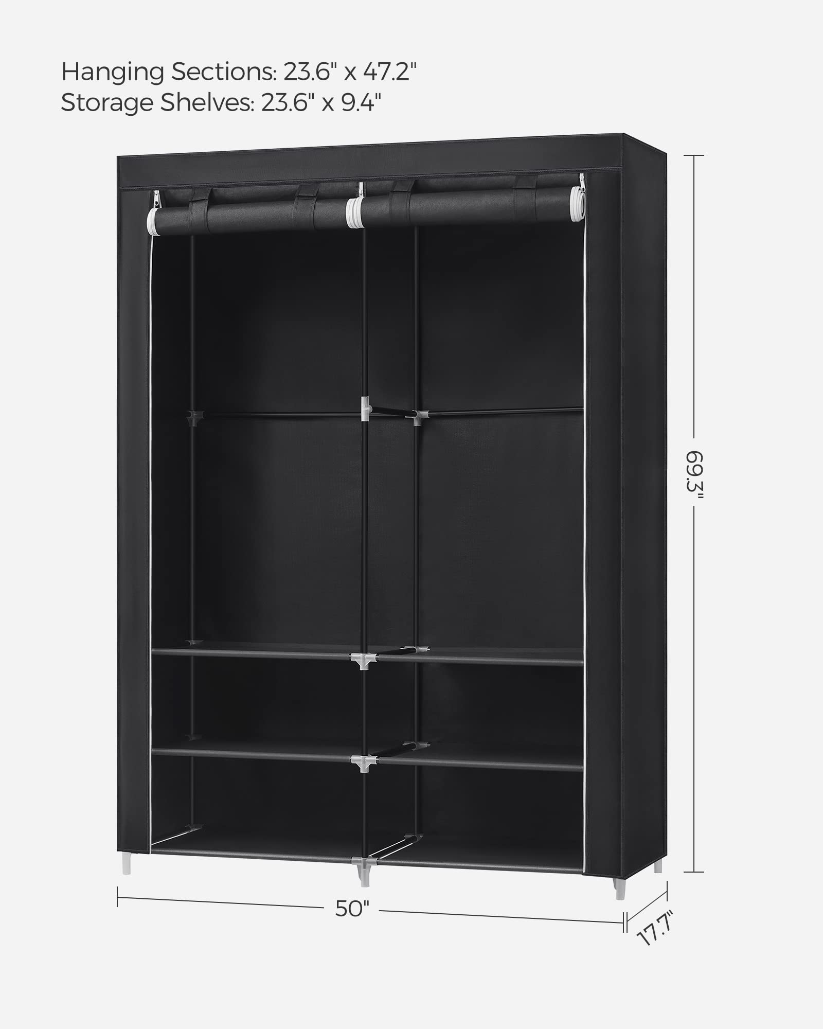 SONGMICS Portable Closet Wardrobe with Shoe Rack and Cover, Closet Storage Organizer, 2 Hanging Rods, Shelves, and 4 Side Pockets, 50 x 17.7 x 69.3 Inches, Spacious for Bedroom, Black URYG008B02