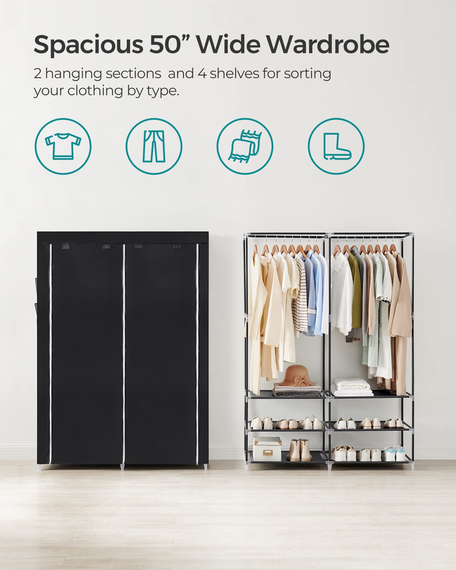 SONGMICS Portable Closet Wardrobe with Shoe Rack and Cover, Closet Storage Organizer, 2 Hanging Rods, Shelves, and 4 Side Pockets, 50 x 17.7 x 69.3 Inches, Spacious for Bedroom, Black URYG008B02