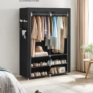 SONGMICS Portable Closet Wardrobe with Shoe Rack and Cover, Closet Storage Organizer, 2 Hanging Rods, Shelves, and 4 Side Pockets, 50 x 17.7 x 69.3 Inches, Spacious for Bedroom, Black URYG008B02