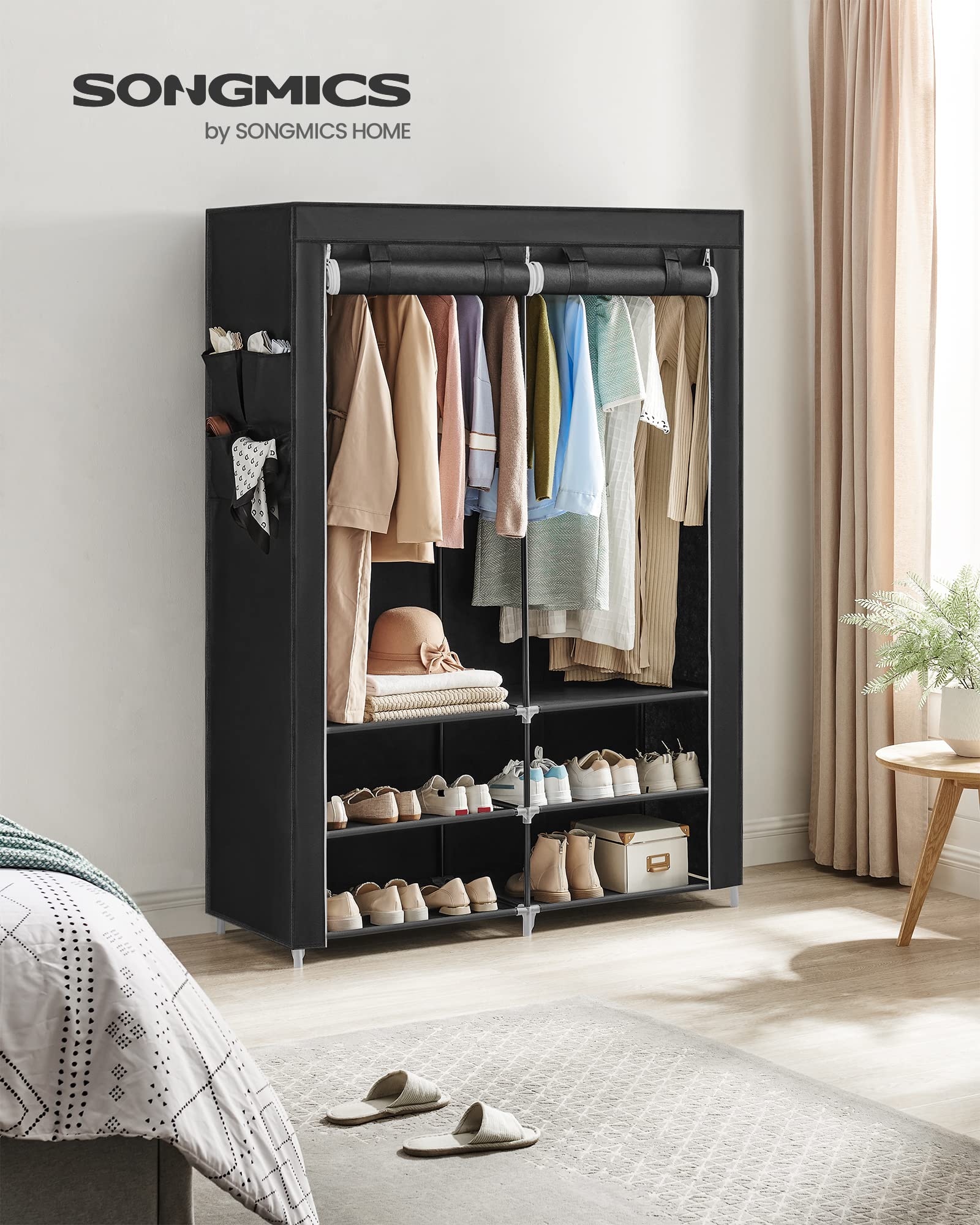 SONGMICS Portable Closet Wardrobe with Shoe Rack and Cover, Closet Storage Organizer, 2 Hanging Rods, Shelves, and 4 Side Pockets, 50 x 17.7 x 69.3 Inches, Spacious for Bedroom, Black URYG008B02