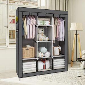 plko portable wardrobe, closet storage organizer,portable clothes closet rolling door wardrobe with black oxford fabric cover, durable and easy to assemble(grey)