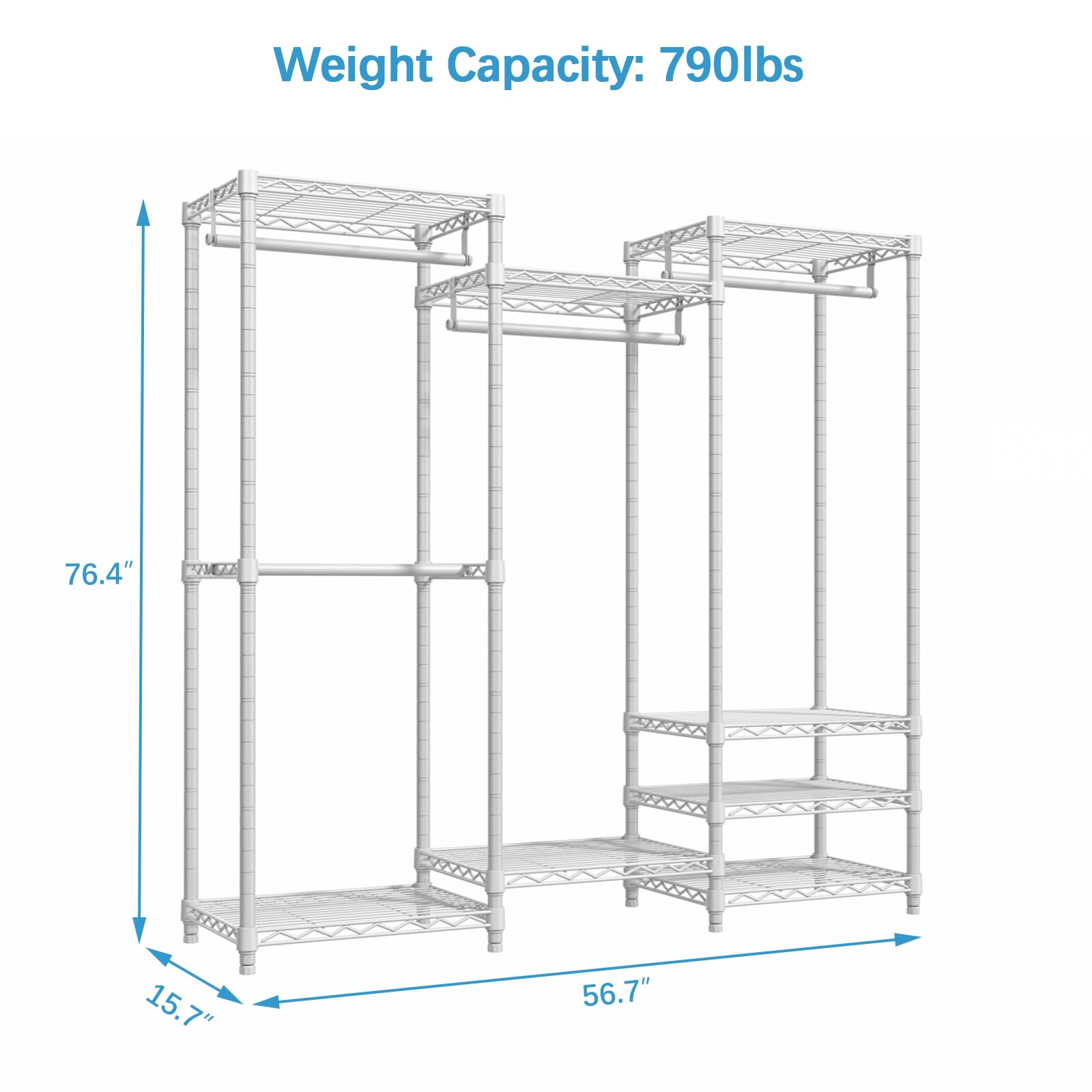 VIPEK V5 Portable Closet Wardrobe Heavy Duty Clothes Rack, Freestanding Closet Metal Clothing Rack with 4 Hang Rods & 8 Shelves, Adjustable Custom Closet Rack, 56.7" Lx15.7 Wx76.4 H, White (Medium)