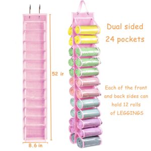 Legging Storage Bag Storage Hanger Can Holds 24 Leggings or Shirts Jeans Compartment Storage Hanger, Foldable Leggings Organizer Clothes Portable Closets Roll Holder (Pink)