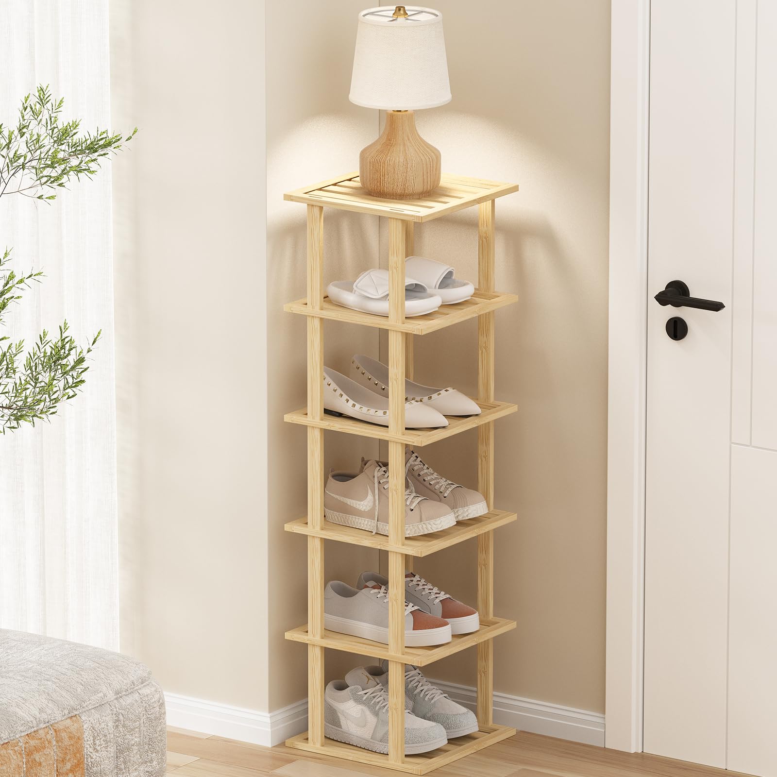 Bamboo Shoe Rack - Vertical Shoe Rack for Small Spaces, Skinny Shoe Shelf Space Saving Storage, Tall Vertical Narrow Shoe Rack for Front Door Entrance Closet Corner Garage