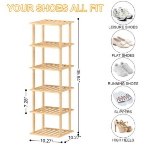 Bamboo Shoe Rack - Vertical Shoe Rack for Small Spaces, Skinny Shoe Shelf Space Saving Storage, Tall Vertical Narrow Shoe Rack for Front Door Entrance Closet Corner Garage