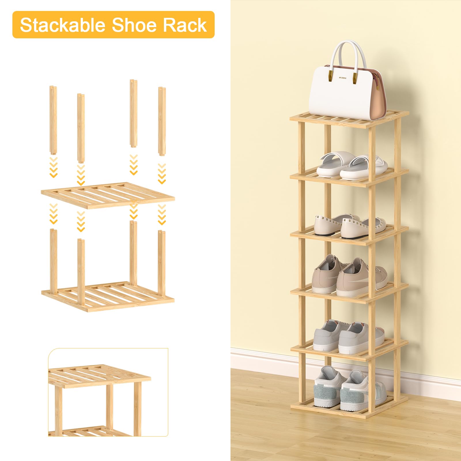 Bamboo Shoe Rack - Vertical Shoe Rack for Small Spaces, Skinny Shoe Shelf Space Saving Storage, Tall Vertical Narrow Shoe Rack for Front Door Entrance Closet Corner Garage