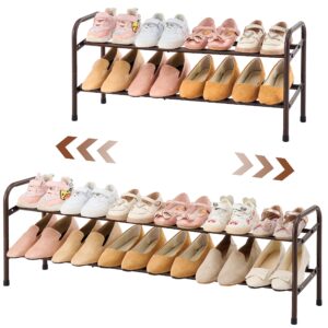 gewudraw 2-tier shoe rack expandable, width adjustable shoe shelf storage organizer, 41.53'' metal standing shoe rack for bedroom entryway closet, holds up to 12 pairs shoes, brown