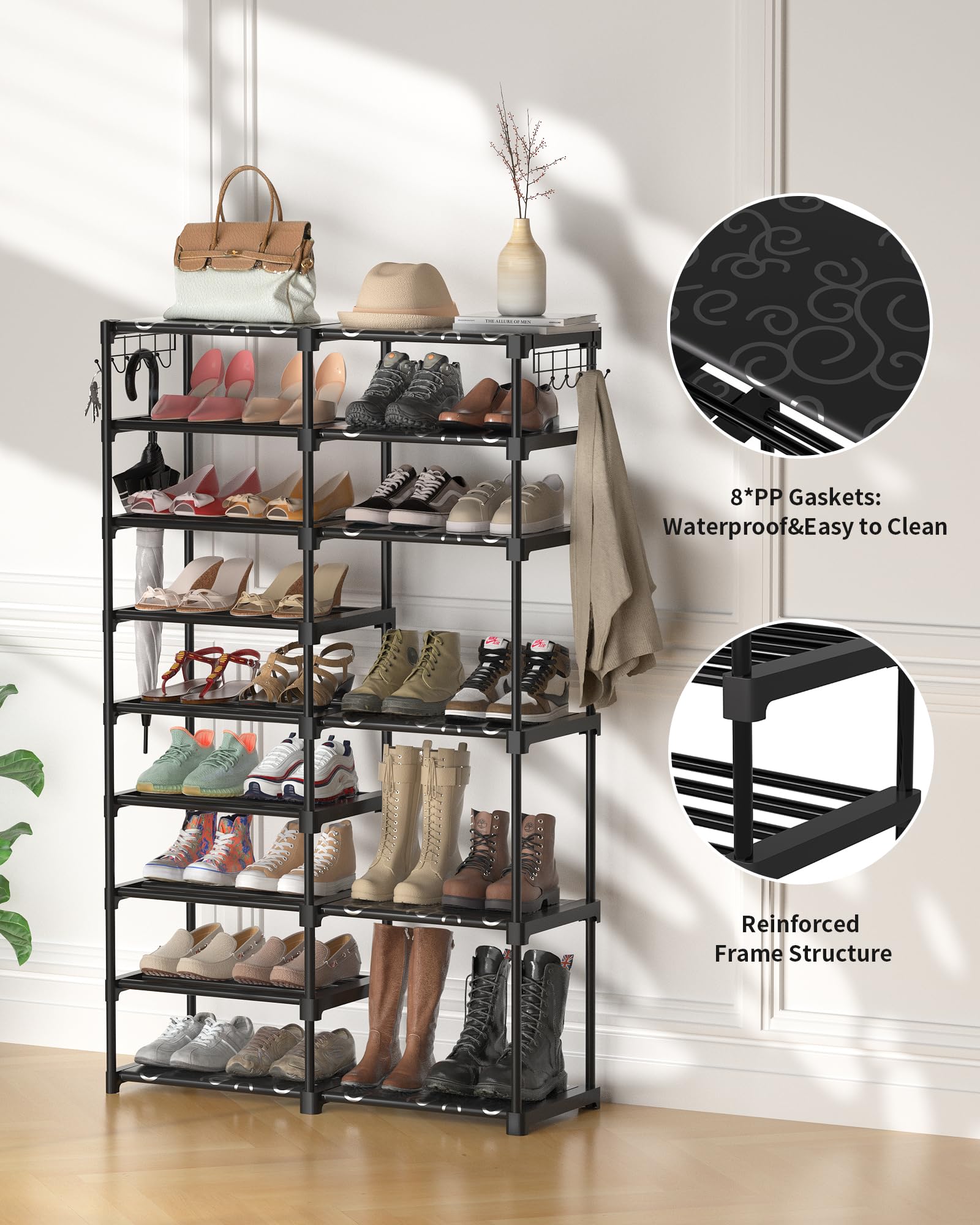 TIMEBAL 9 Tier Shoe Rack Organizer, 32-40 Pairs Shoe Storage Shelf, Shoe Stand with 2 Hooks, Shoe Rack for Closet, Stackable Shoe Rack for Boot & Shoe Storage, Removable & Dust Large Shoe Rack