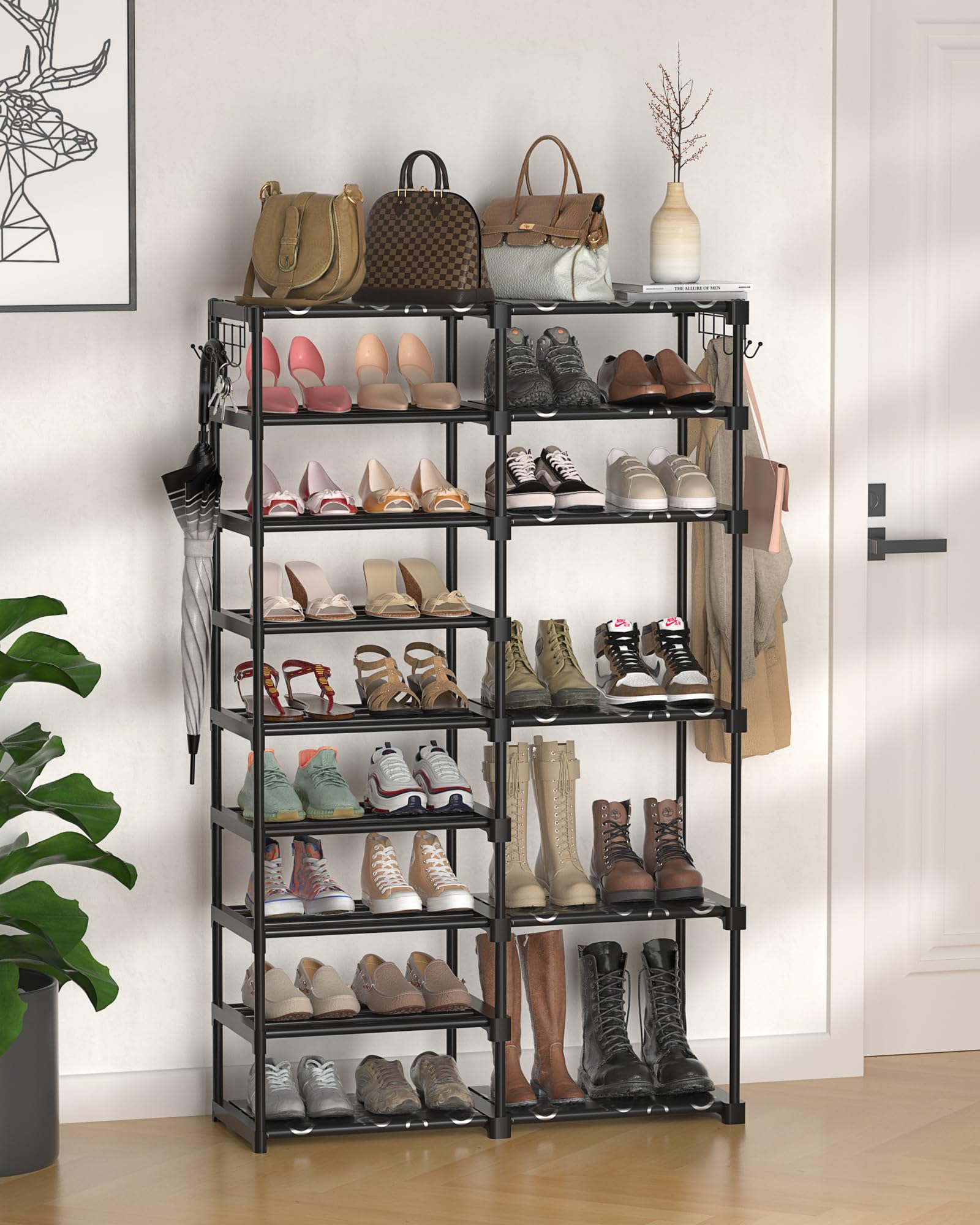 TIMEBAL 9 Tier Shoe Rack Organizer, 32-40 Pairs Shoe Storage Shelf, Shoe Stand with 2 Hooks, Shoe Rack for Closet, Stackable Shoe Rack for Boot & Shoe Storage, Removable & Dust Large Shoe Rack