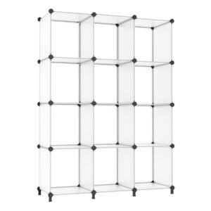 awtatos cube storage organizer modular storage 12 cube bookshelf diy plastic closet storage shelves with wooden mallet, ideal storage solution for home, office, bedroom, translucent white