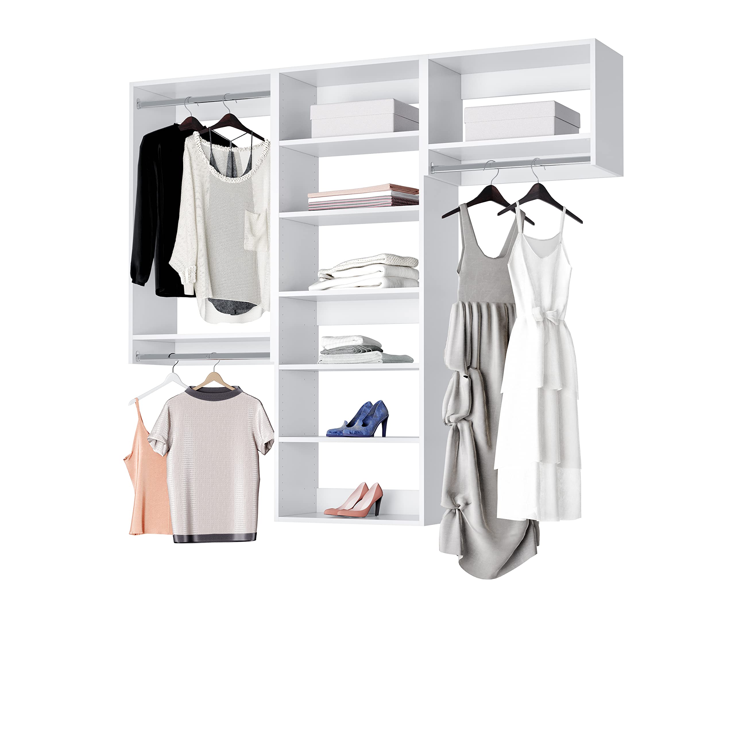 Closet Kit with Hanging Rods & Shelves - Corner Closet System - Closet Shelves - Closet Organizers and Storage Shelves (White, 66 inches Wide) Closet Shelving