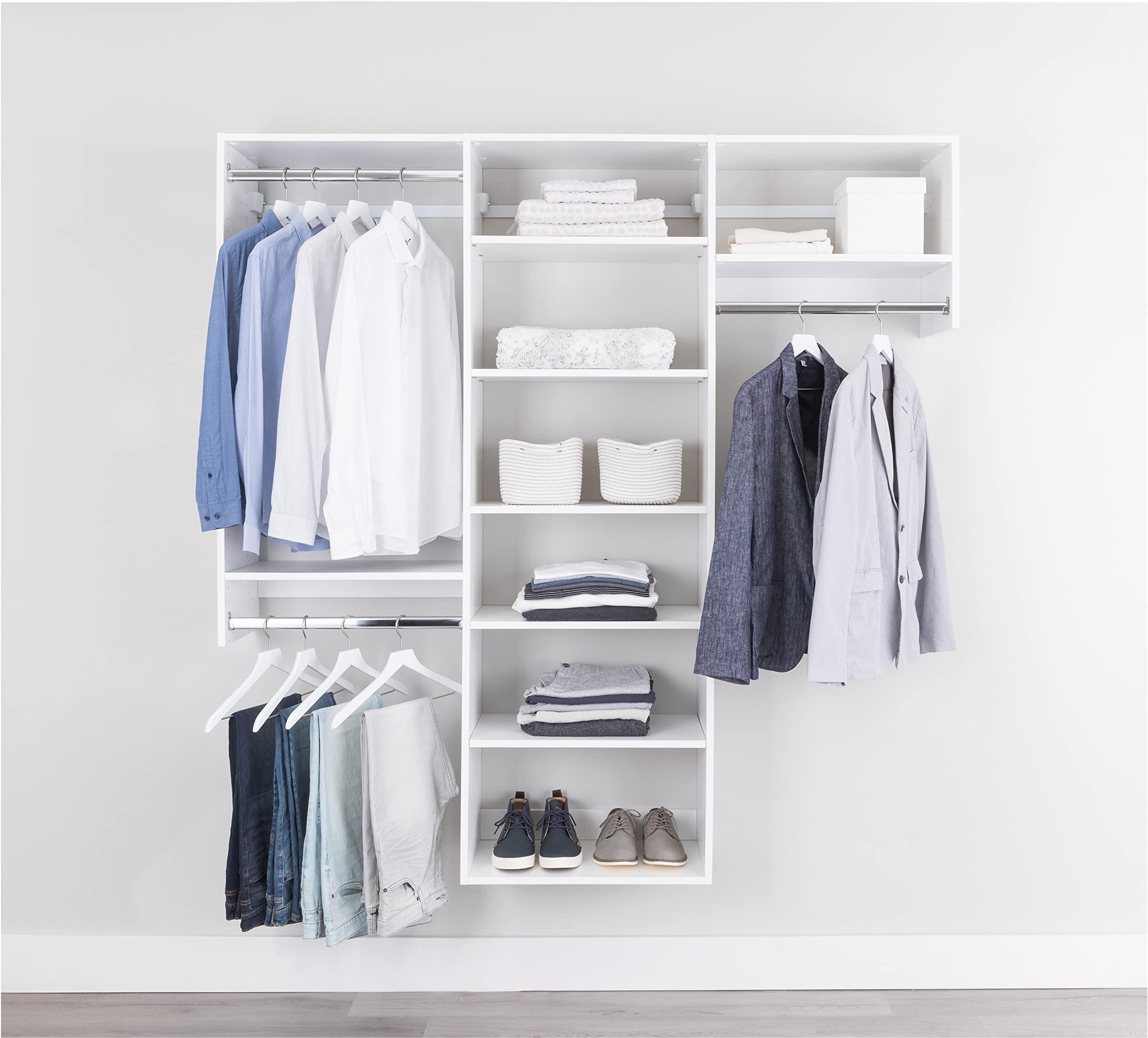 Closet Kit with Hanging Rods & Shelves - Corner Closet System - Closet Shelves - Closet Organizers and Storage Shelves (White, 66 inches Wide) Closet Shelving