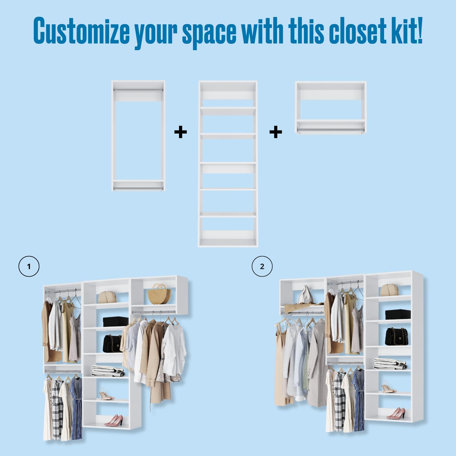 Closet Kit with Hanging Rods & Shelves - Corner Closet System - Closet Shelves - Closet Organizers and Storage Shelves (White, 66 inches Wide) Closet Shelving