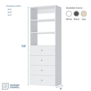 Closet Shelves Tower - Modular Closet System With Drawers (4) - Corner Closet System - Closet Organizers And Storage Shelves (White, 25.5 inches Wide) Closet Shelving