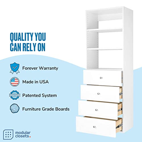 Closet Shelves Tower - Modular Closet System With Drawers (4) - Corner Closet System - Closet Organizers And Storage Shelves (White, 25.5 inches Wide) Closet Shelving