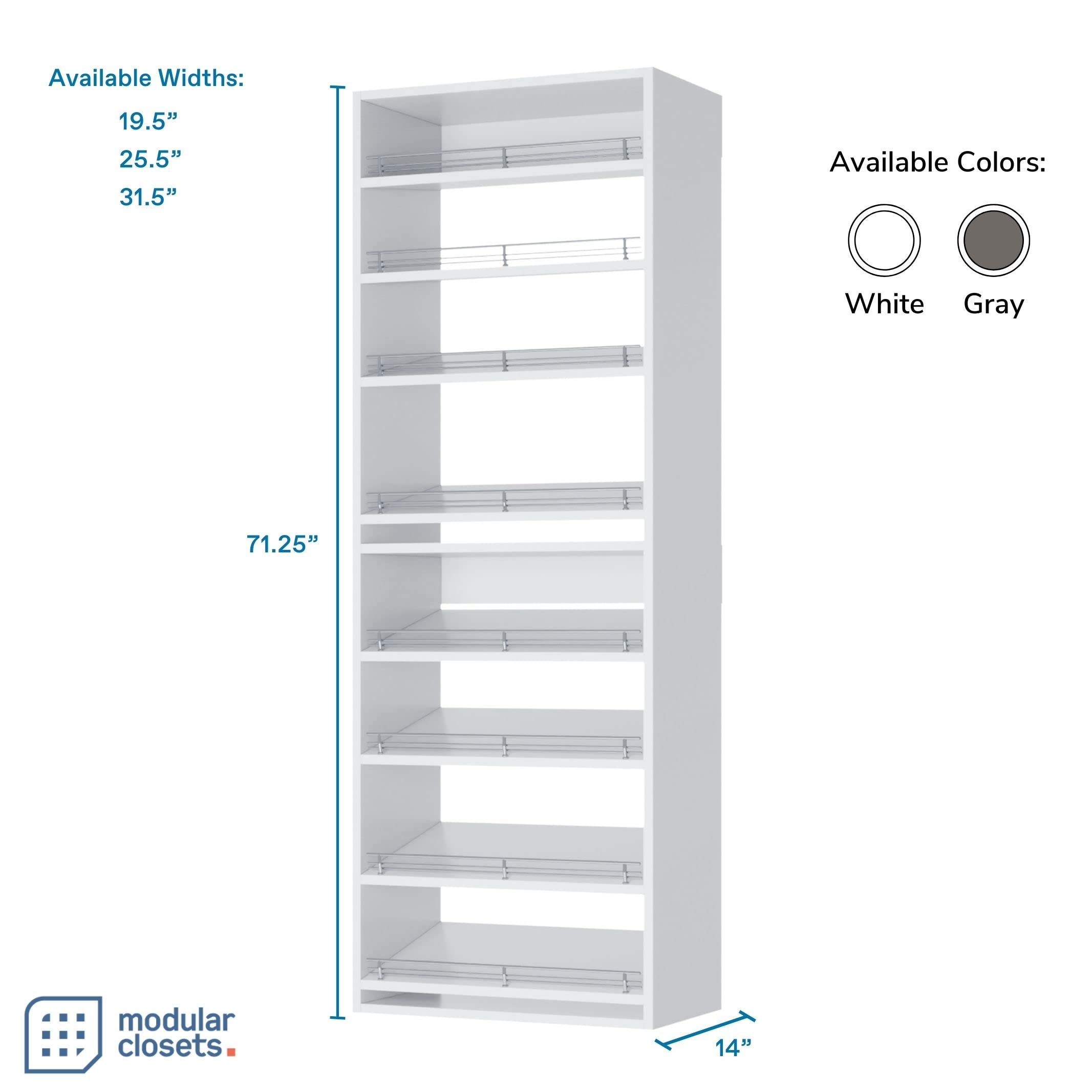 Closet Shelves Tower - Modular Closet System With Shoe Shelves (8) - Corner Closet System - Closet Organizers And Storage Shelves (White, 25.5 inches Wide) Closet Shelving