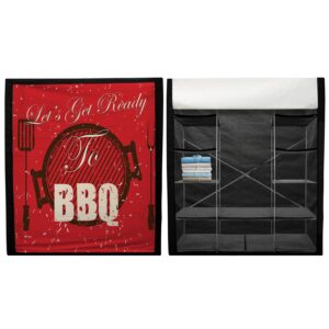 Lunarable BBQ Party Portable Fabric Wardrobe, Lets Get Ready to BBQ Typography with Grunge Grill and Utensils, Clothing Organizer and Storage Closet with Shelves, 59", Vermilion Eggshell