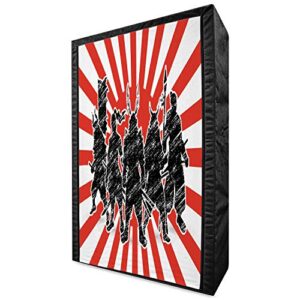 ambesonne japanese portable fabric wardrobe, group of samurai ninja posing and getting ready on unusual striped retro backdrop, clothing organizer and storage closet with shelves, 42.5", red black