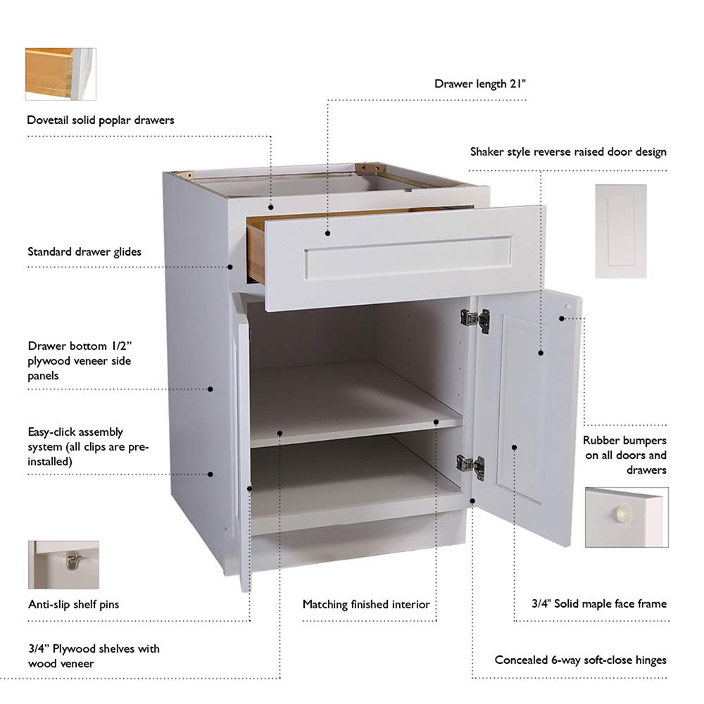 Design House 543124 Brookings Unassembled RTA (Ready-to-Assemble) Shaker Style Wall Kitchen Cabinet, 21x36x12, White