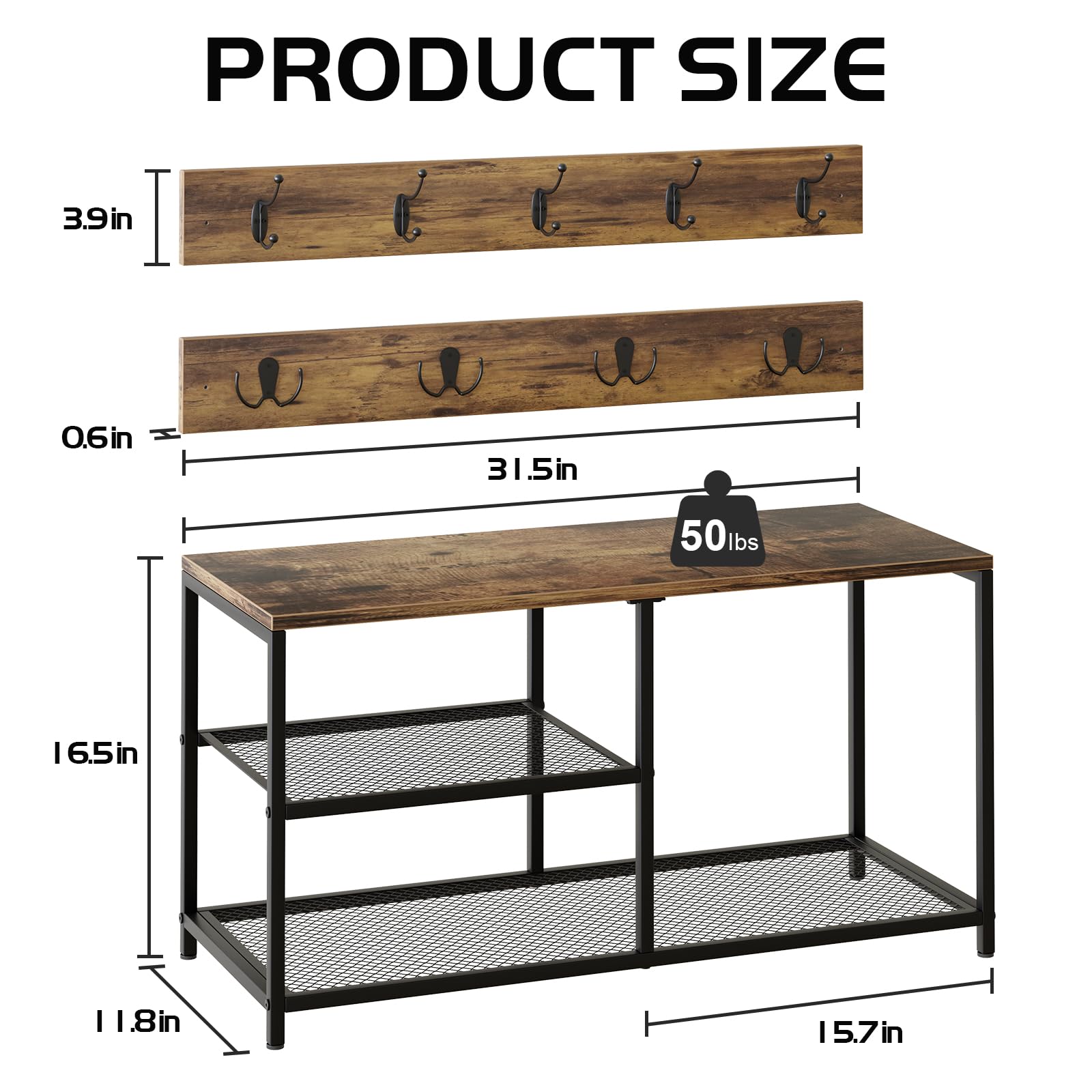 Katrawu Shoe Bench Set, Rustic Brown, 31.5 in W x 12 in D x 16.5 in H, 6-9 Pair Shoe Storage