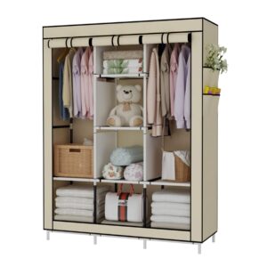 udear portable wardrobe closet clothes organizer non-woven fabric cover with 6 storage shelves, 2 hanging sections and 4 side pockets，beige