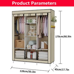 UDEAR Portable Wardrobe Closet Clothes Organizer Non-Woven Fabric Cover with 6 Storage Shelves, 2 Hanging Sections and 4 Side Pockets，Beige