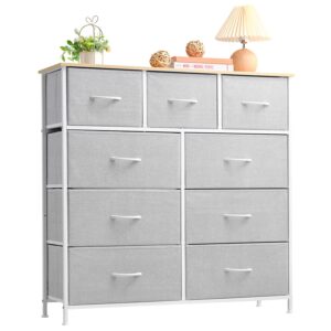 somdot dresser, 9-drawer fabric storage tower for bedroom, nursery, entryway, closets, tall chest organizer unit with large capacity fabric bins - ash grey