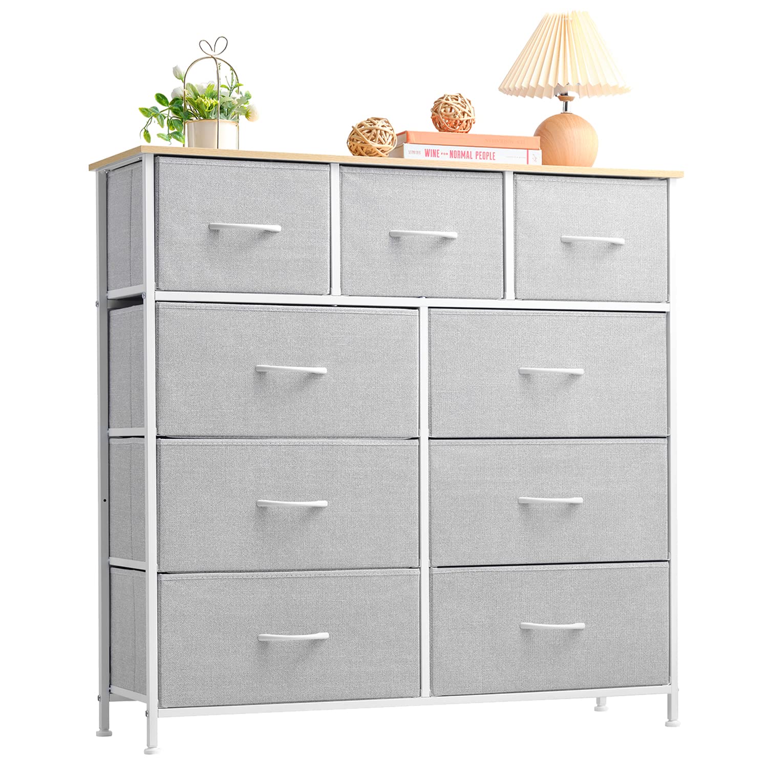 Somdot Dresser, 9-Drawer Fabric Storage Tower for Bedroom, Nursery, Entryway, Closets, Tall Chest Organizer Unit with Large Capacity Fabric Bins - Ash Grey