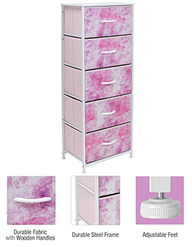 Sorbus Fabric Dresser for Kids Bedroom - Chest of 5 Drawers, Tall Storage Tower, Clothing Organizer, for Closet, for Playroom, for Nursery, Steel Frame, Fabric Bins - Wood Handle (Tie-dye Pink)