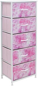 sorbus fabric dresser for kids bedroom - chest of 5 drawers, tall storage tower, clothing organizer, for closet, for playroom, for nursery, steel frame, fabric bins - wood handle (tie-dye pink)