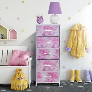 Sorbus Fabric Dresser for Kids Bedroom - Chest of 5 Drawers, Tall Storage Tower, Clothing Organizer, for Closet, for Playroom, for Nursery, Steel Frame, Fabric Bins - Wood Handle (Tie-dye Pink)