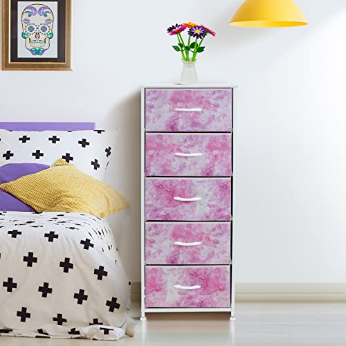 Sorbus Fabric Dresser for Kids Bedroom - Chest of 5 Drawers, Tall Storage Tower, Clothing Organizer, for Closet, for Playroom, for Nursery, Steel Frame, Fabric Bins - Wood Handle (Tie-dye Pink)