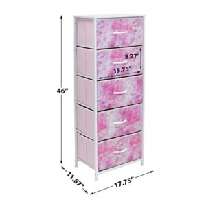 Sorbus Fabric Dresser for Kids Bedroom - Chest of 5 Drawers, Tall Storage Tower, Clothing Organizer, for Closet, for Playroom, for Nursery, Steel Frame, Fabric Bins - Wood Handle (Tie-dye Pink)