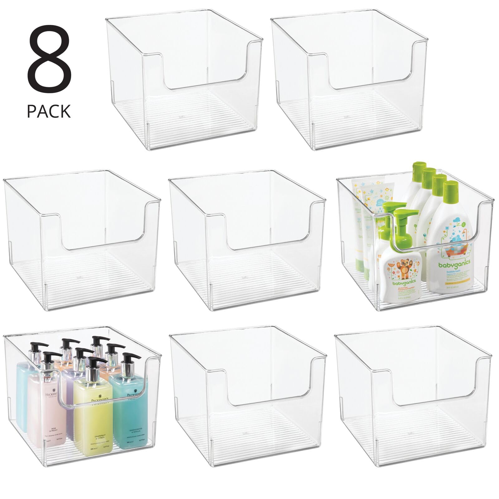 mDesign Modern Plastic Open Front Dip Storage Organizer Bin Basket for Bathroom Organization - Vanity Shelf, Cubby, Cabinet, and Closet Organizing Decor - Ligne Collection - 8 Pack - Clear