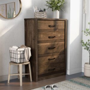 24/7 Shop at Home Camberley Farmhouse 5-Drawer Wood 31 in. Chest, Tall Dresser for Bedroom, Hallway, Nursery, Closets, Walnut Brown