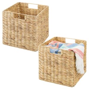 mdesign woven hyacinth durable closet storage organizer basket bin - for cube furniture shelf organizing in bedroom, bathroom, office - holds clothes, blankets, 2 pack - natural