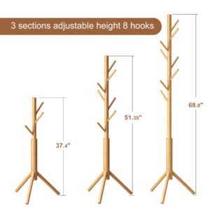 FILWH Bamboo Coat Rack Freestanding Adjustable Coat Tree with 3 Sections & 8 Hooks Easy to Assemble Coat Hanger Stand for Bedroom Office Hallway Entryway Bedroom Coat Rack（Natural）