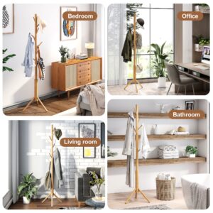 FILWH Bamboo Coat Rack Freestanding Adjustable Coat Tree with 3 Sections & 8 Hooks Easy to Assemble Coat Hanger Stand for Bedroom Office Hallway Entryway Bedroom Coat Rack（Natural）