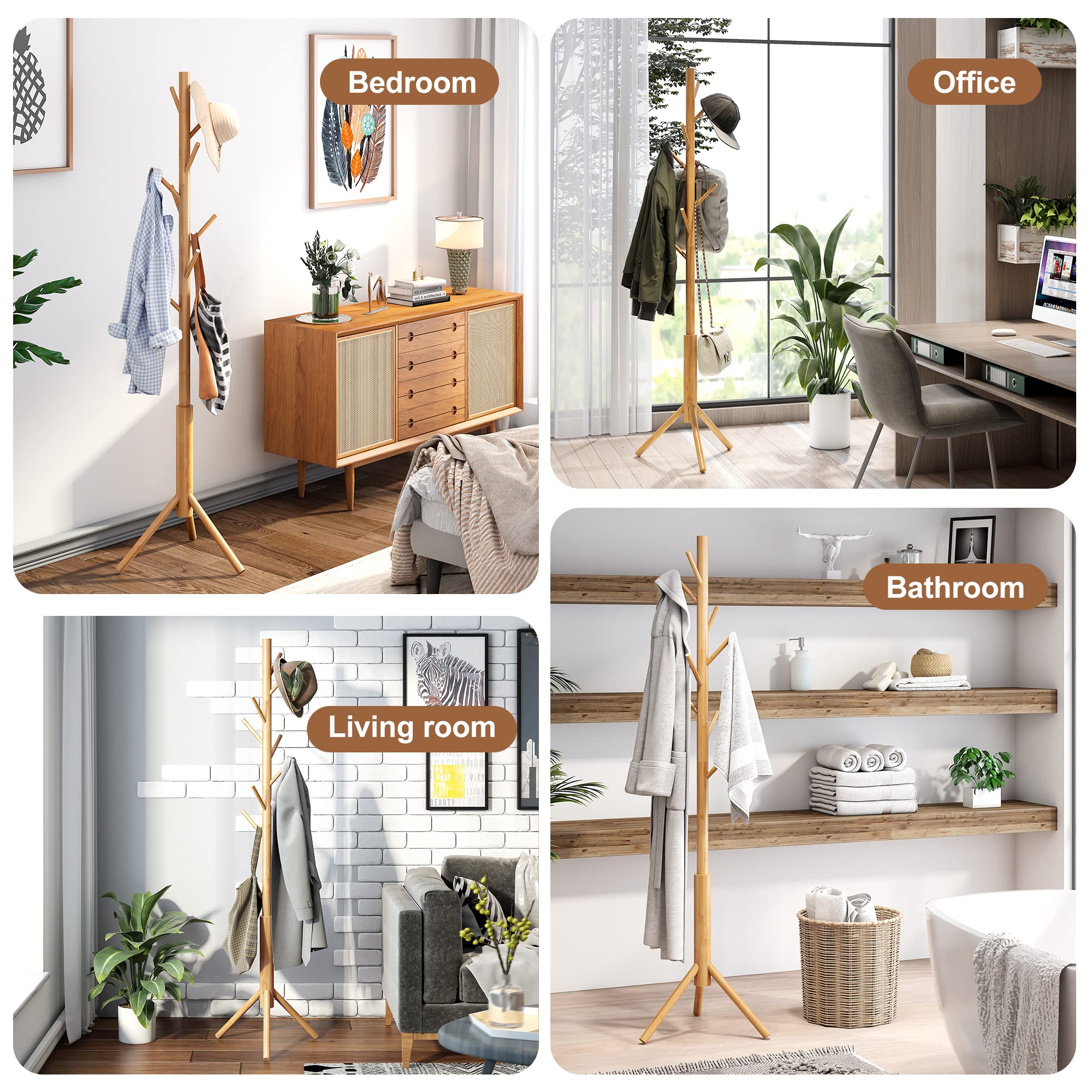 FILWH Bamboo Coat Rack Freestanding Adjustable Coat Tree with 3 Sections & 8 Hooks Easy to Assemble Coat Hanger Stand for Bedroom Office Hallway Entryway Bedroom Coat Rack（Natural）